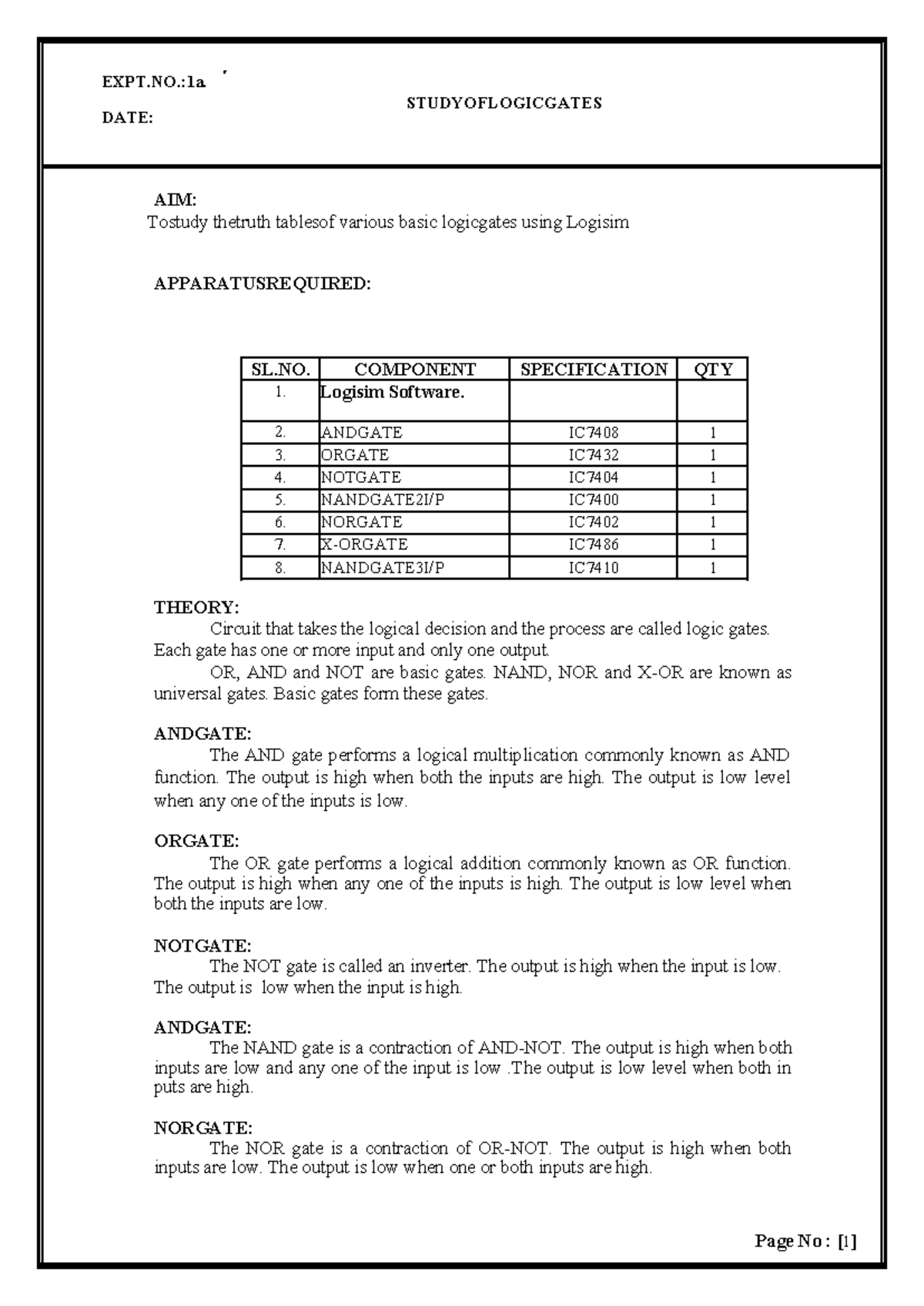 CS3351 DPCO AIM and Procedure - EXPT.:1. DATE: STUDYOFLOGICGATES AIM ...
