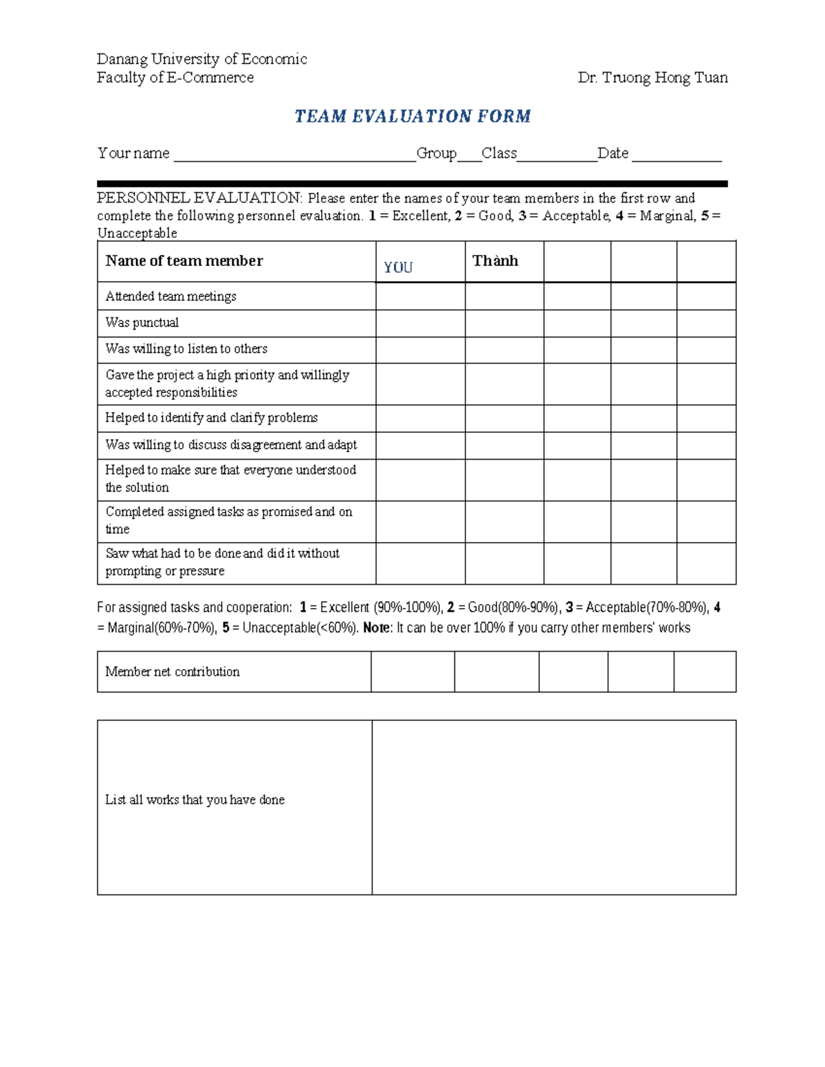 Web Ad Group Project Evaluation Form Danang University Of Economic Faculty Of E Commerce Dr