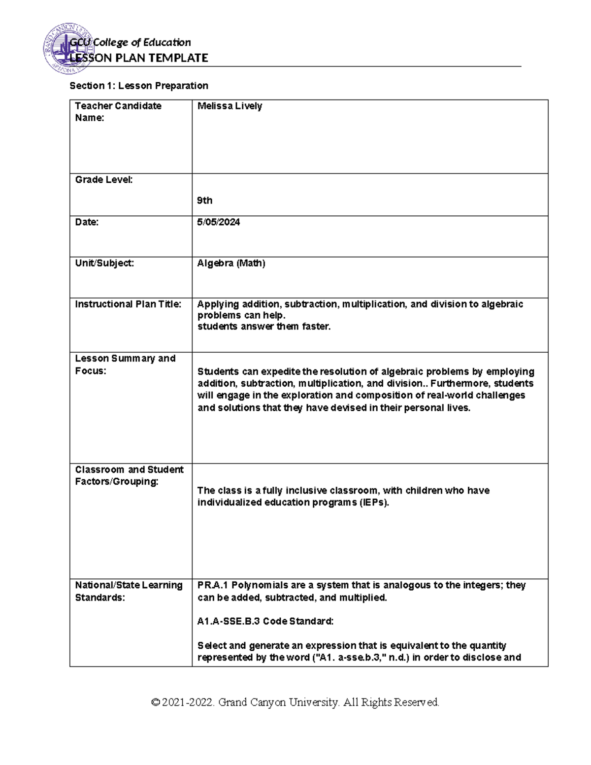 Coe lesson plan melissa - LESSON PLAN TEMPLATE Section 1: Lesson ...