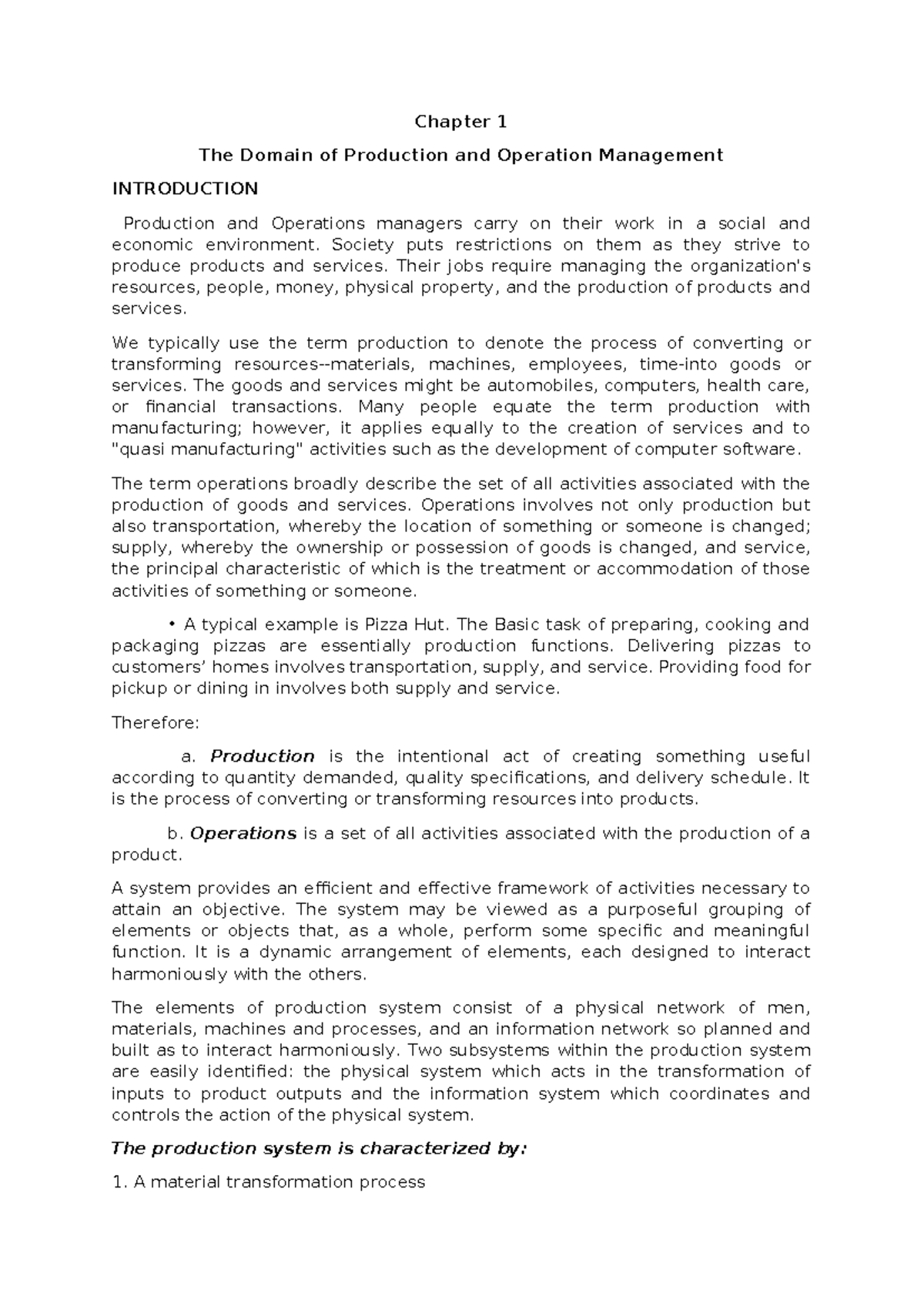 The Domain of Production and Operations Management Chapter 1 - Chapter 1 The Domain of ...