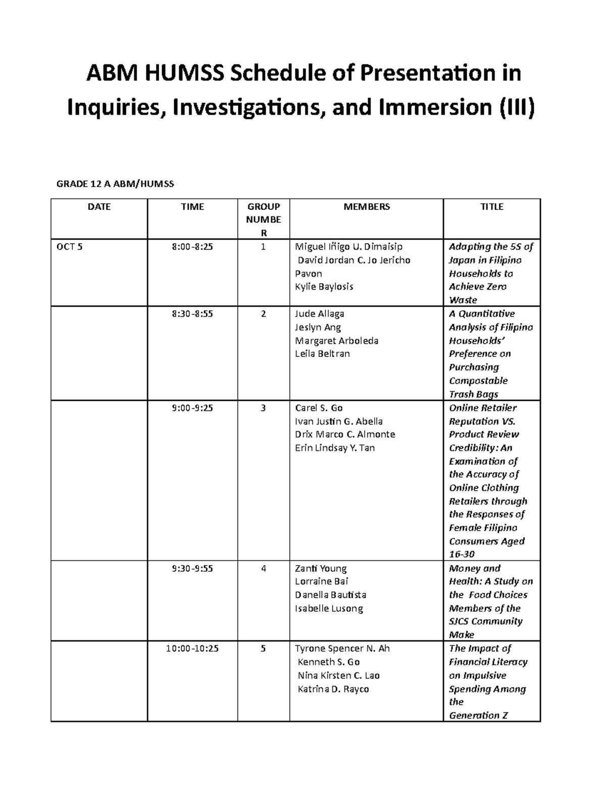 III Schedule of Presentation - ABM HUMSS Schedule of Presentation in ...
