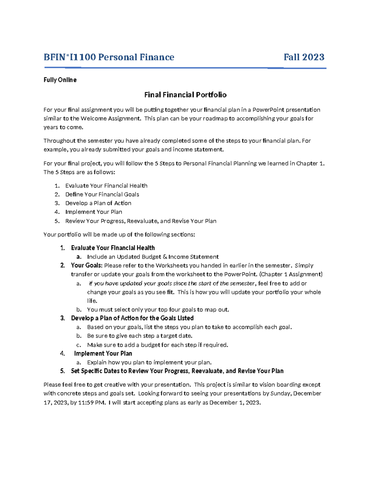 BFIN 1100 Final Financial Plan (1) - BFIN*I1100 Personal Finance Fall ...