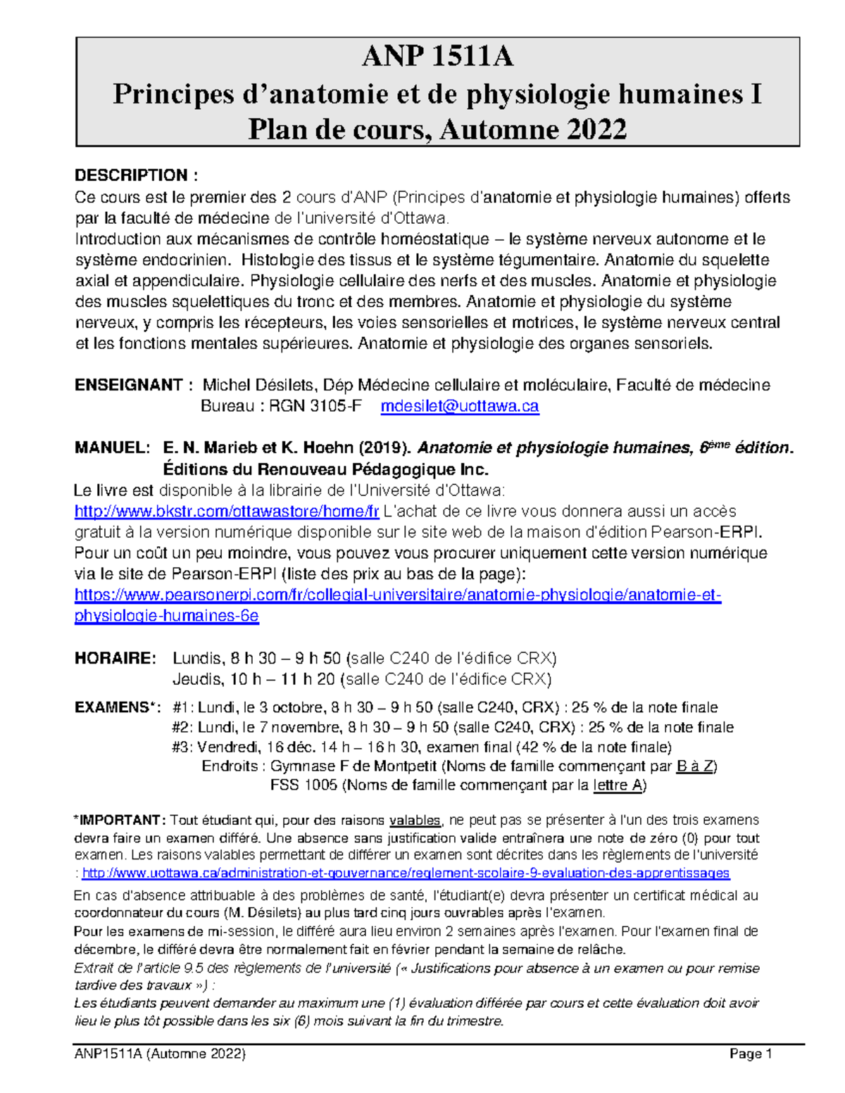 ANP1511 A Syllabus 2022 - ANP 15 11 A Principes d’anatomie et de physiologie humaines I Plan de ...