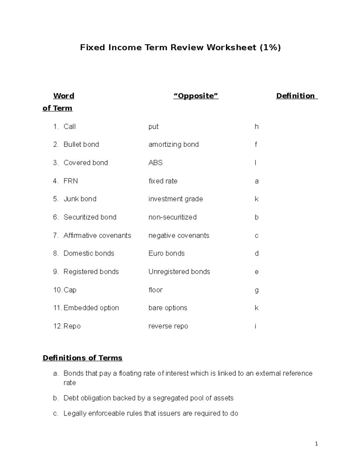 Chapter 2b Term Review Worksheet - Fixed Income Term Review Worksheet ...