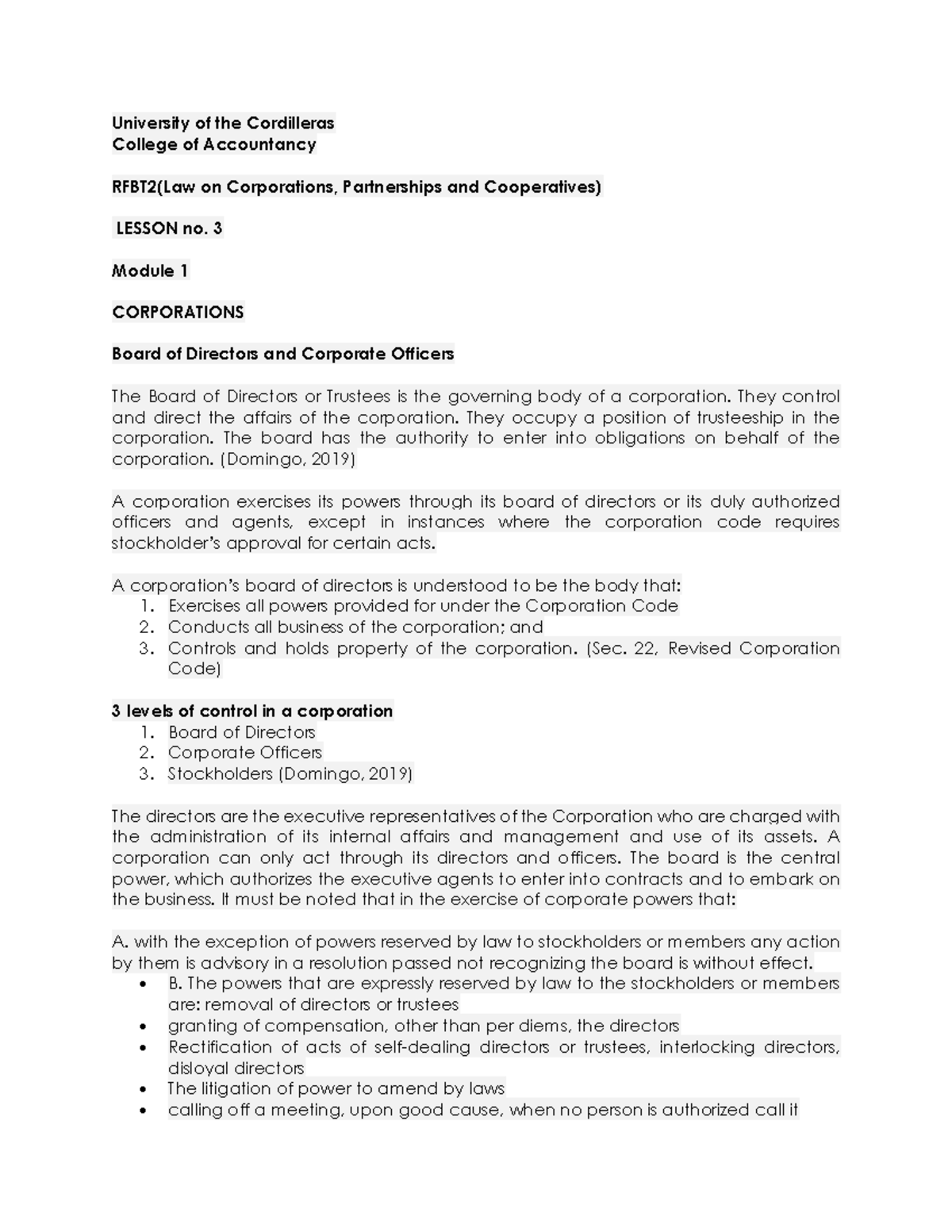Law on Corporations - Module 1 - Lesson 3 - University of the ...