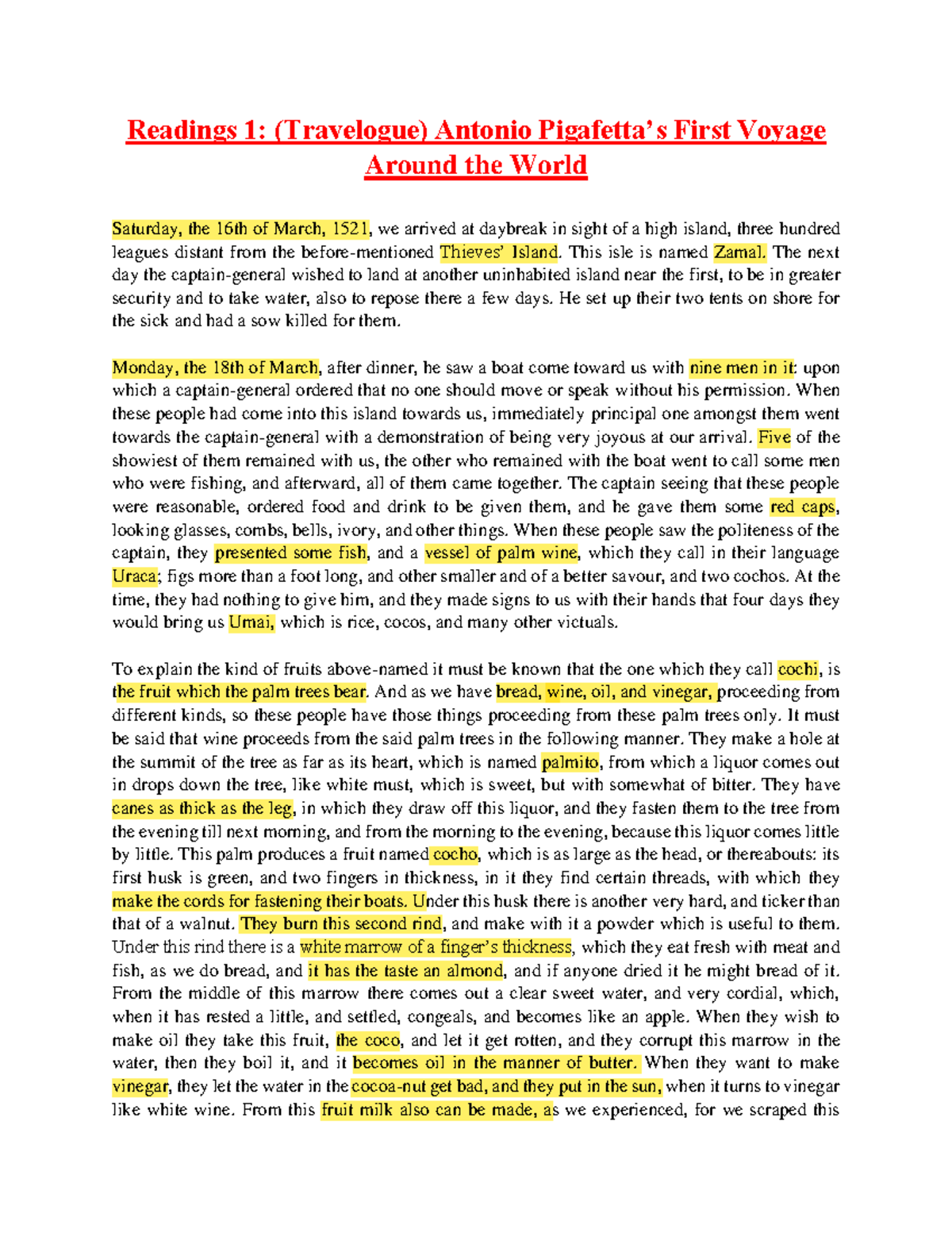 Readings 1 Travelogue Antonio Pigafettas First Voyage Around the World ...