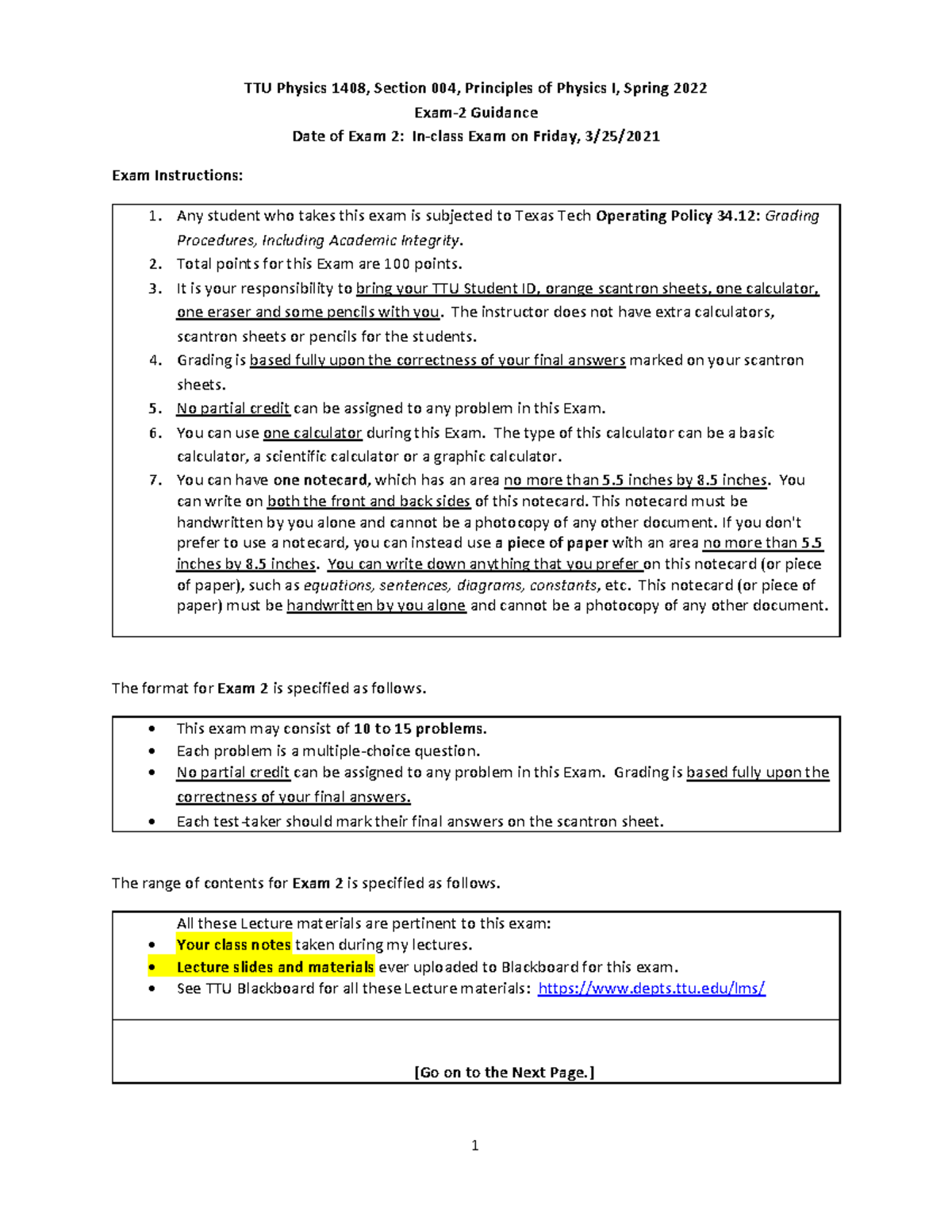 Phys 1408 ttu exam 2 study guide - 1 TTU Physics 1408, Section 004 ...