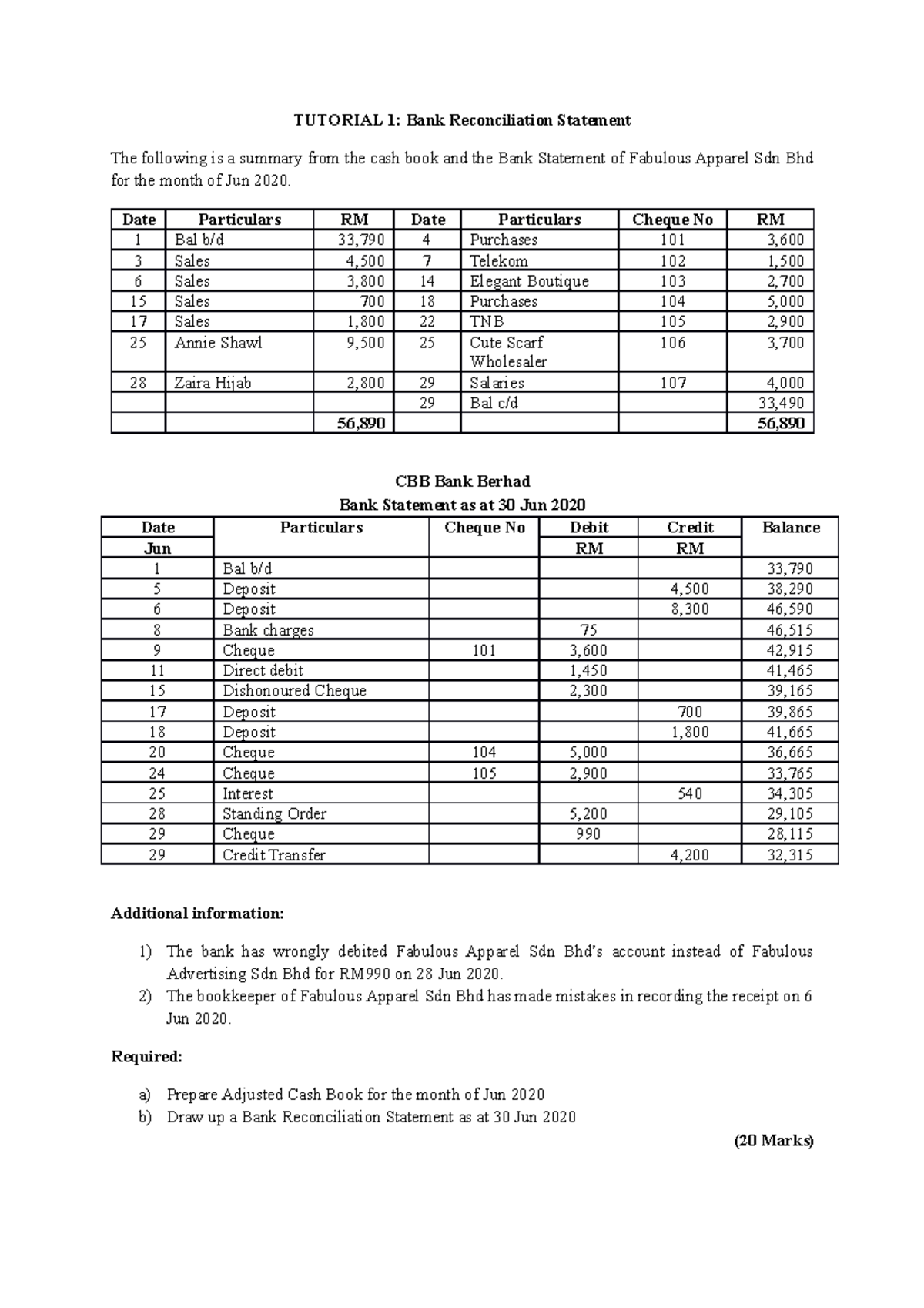 Tutorial 1 bank reconciliation statement - TUTORIAL 1: Bank ...