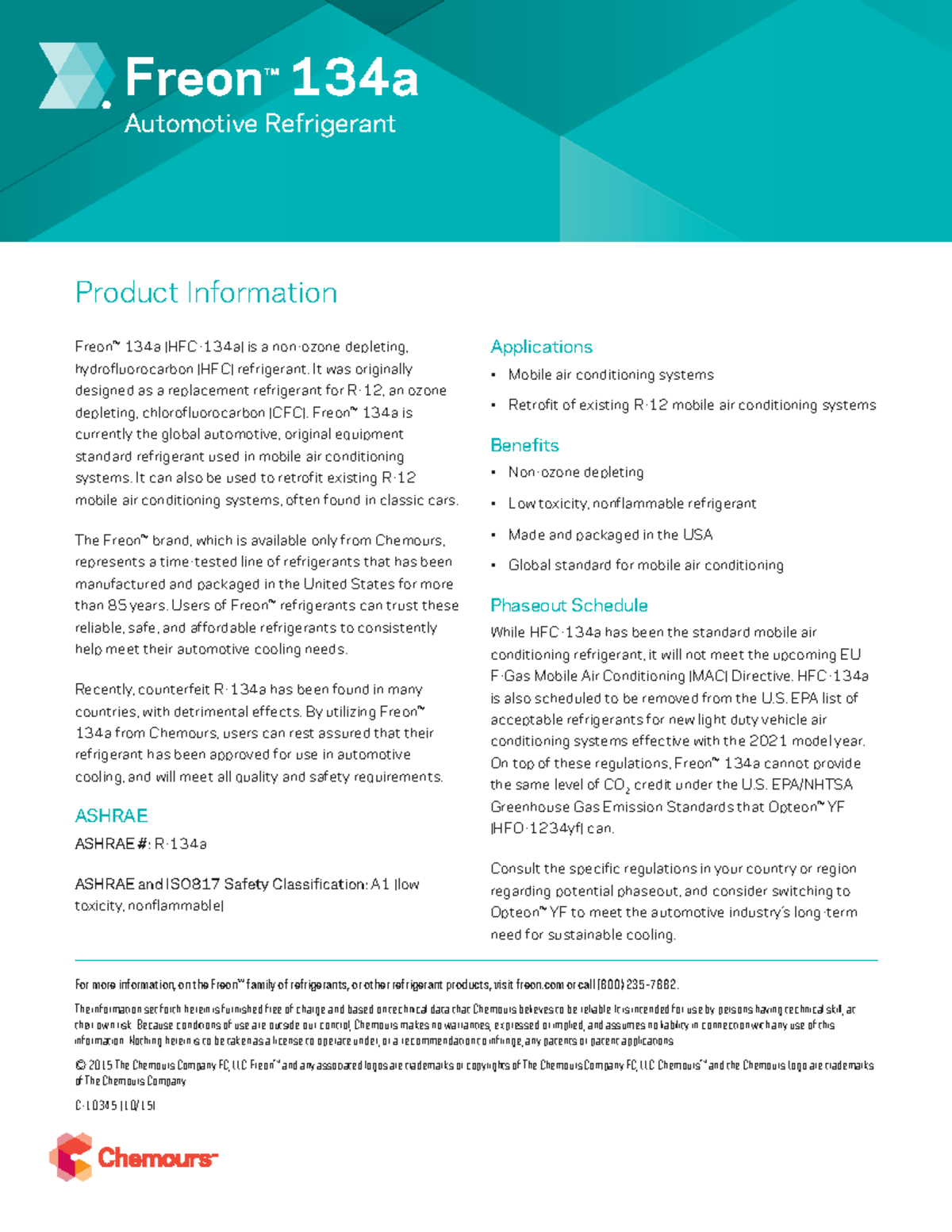 Freon 134a product information - Freon™ 134a Automotive Refrigerant ...