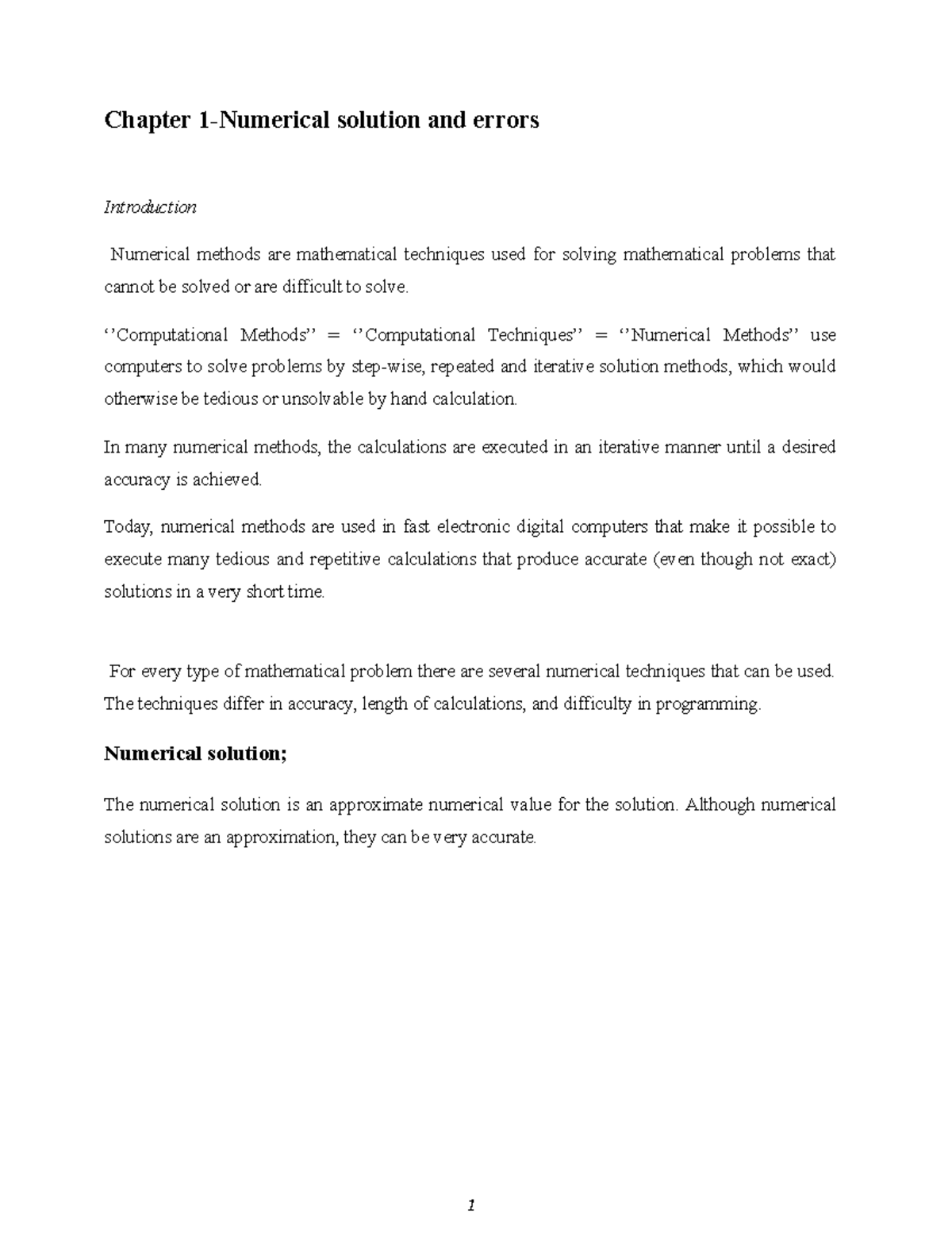 Chapter 1 - 1 Chapter 1-Numerical solution and errors Introduction Numerical methods are - Studocu