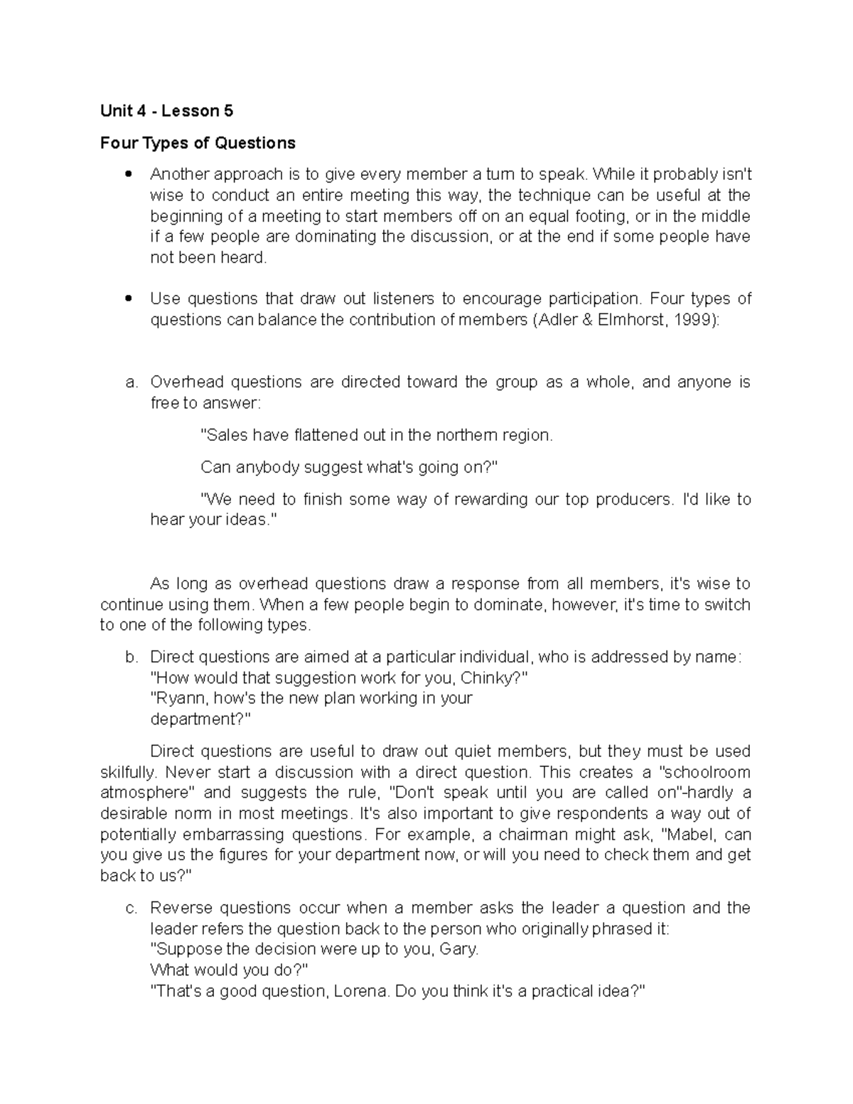 Four Types of Questions - Unit 4 - Lesson 5 Four Types of Questions ...