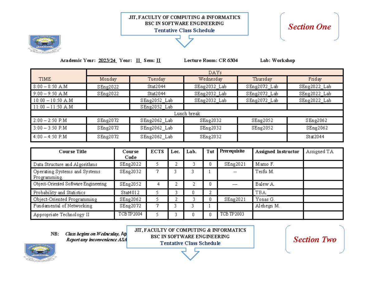 SE Year II Sem II Class Schedule 2016 A - Academic Year: 2023/24 Year ...