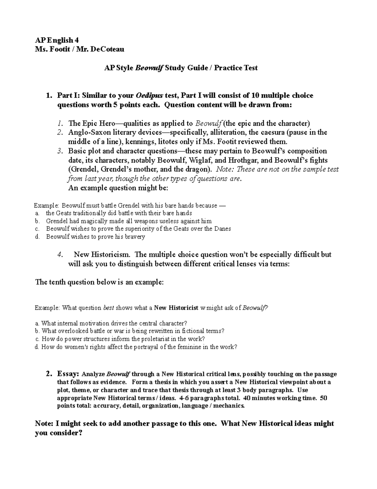 Beowulf study guide packet 2015 - AP English 4 Ms. Footit / Mr ...