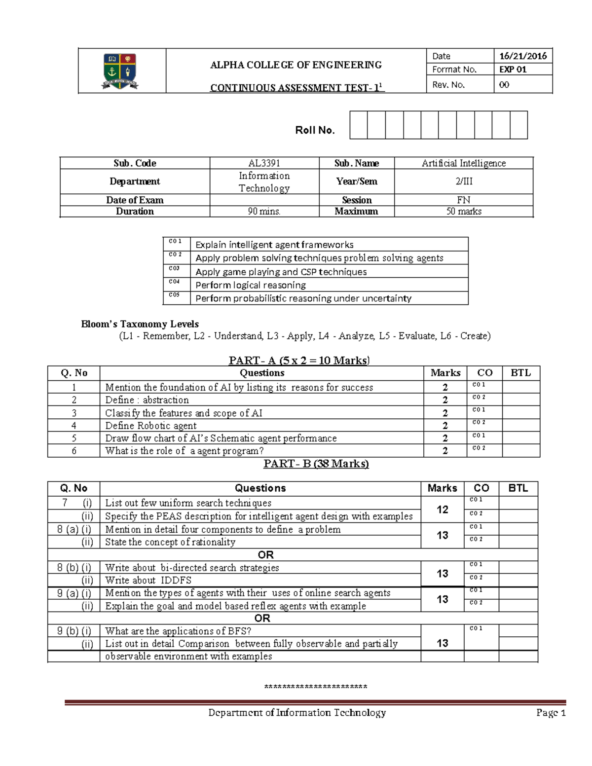 CAT Question Paper Format AL3391 - ALPHA COLLEGE OF ENGINEERING ...