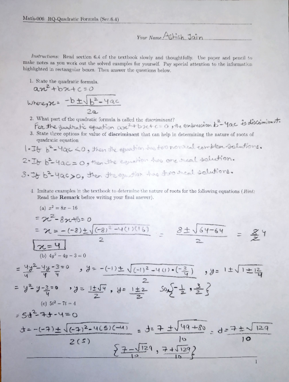 RQ 6 - Reading Questions Homework - Math-006: RQ-Quadratic Formula (Sec ...