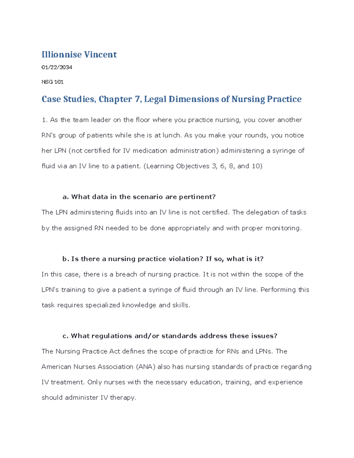 Ch. 7 Case Study - Prework - Illionnise Vincent 01/22/ NSG 101 Case Studies, Chapter 7, Legal ...