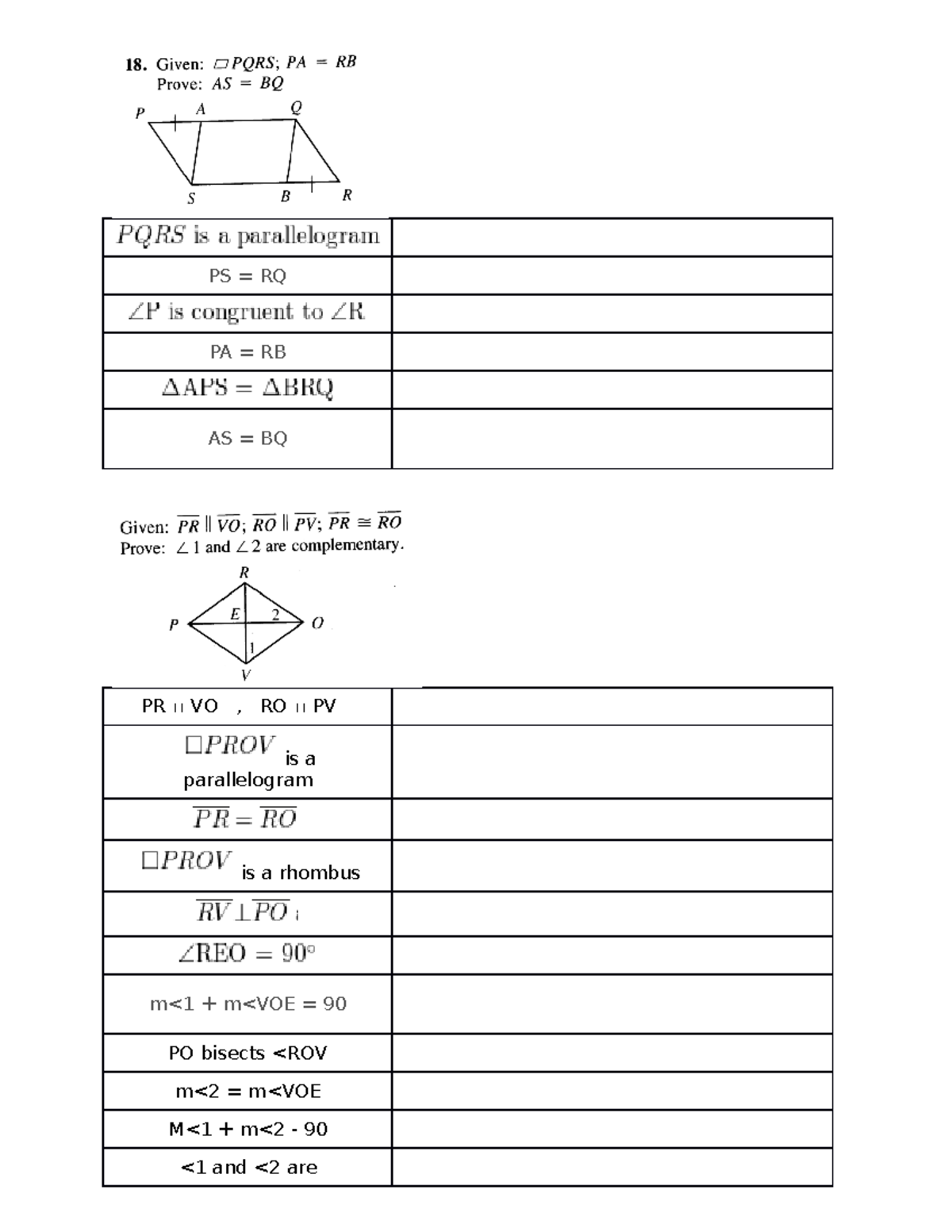 Sample Proofs 1 - PS = RQ PA = RB AS = BQ PR VO , RO PV is a ...