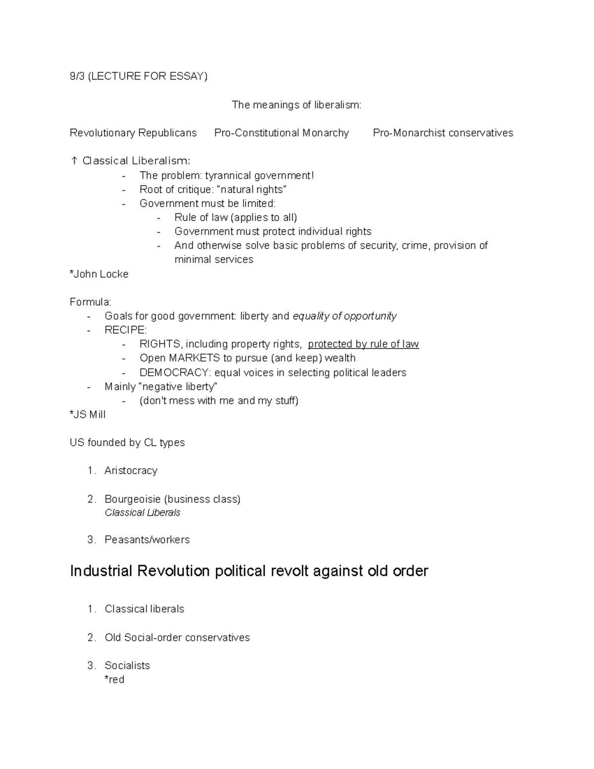 PS 111 Notes Liberalism - 9/3 (LECTURE FOR ESSAY) The meanings of ...