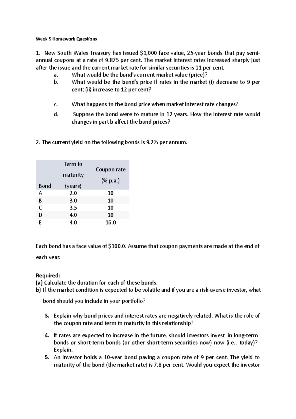 Week 5 homework questions - Week 5 Homework Questions New South Wales ...