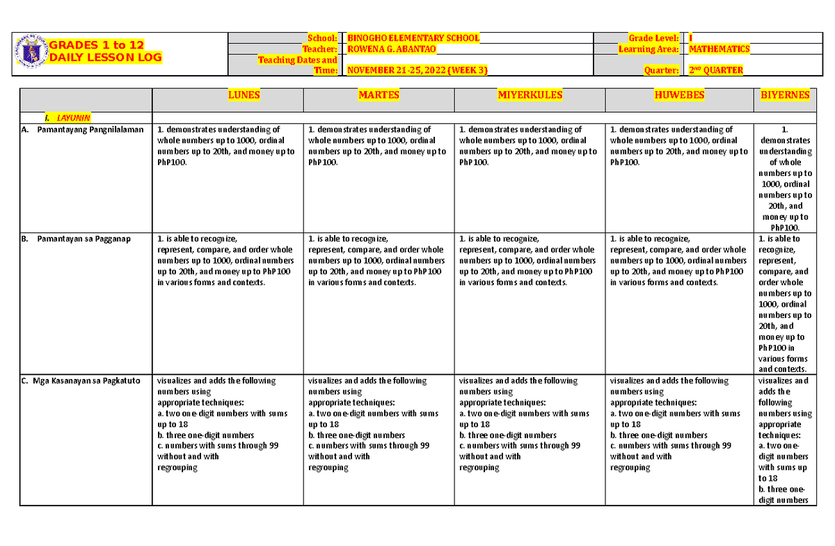 DLL Mathematics 1 Q2 W3 - daily lesson log for grade 1 - GRADES 1 to 12 DAILY LESSON LOG School ...