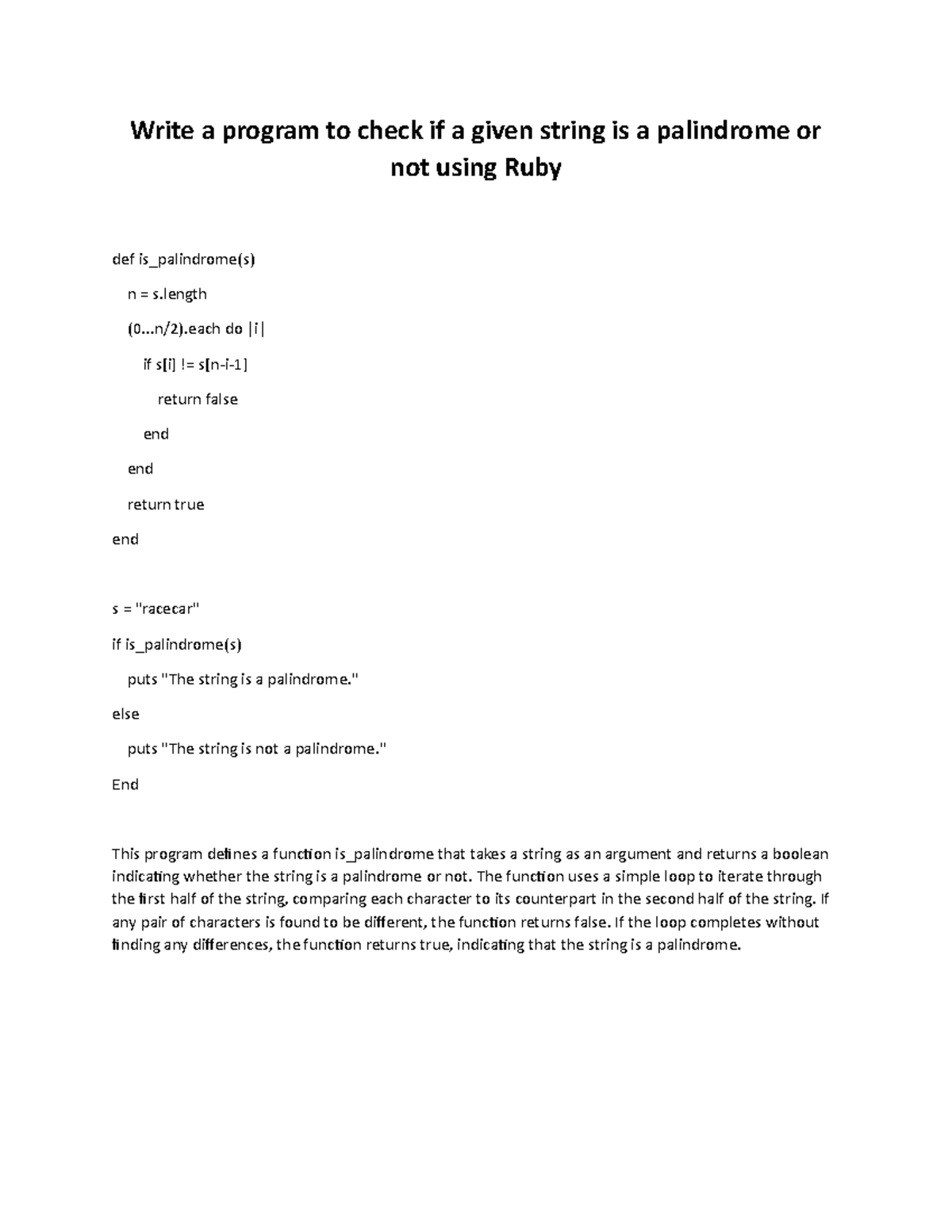 Using Ruby - Write a program to check if a given string is a palindrome ...