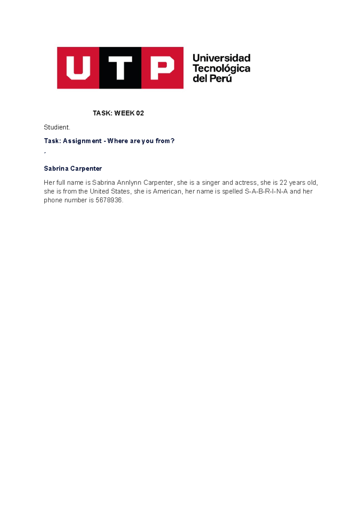 Week02- Task Assignment- Where are you from - ingles, tarea - TASK: WEEK 02 Studient. Task ...