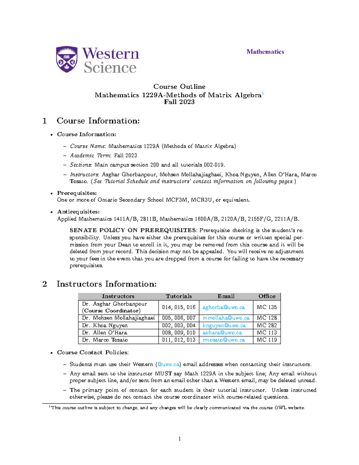 Math 1229A Fall2023 - syllabus - Course Outline Mathematics 1229A ...