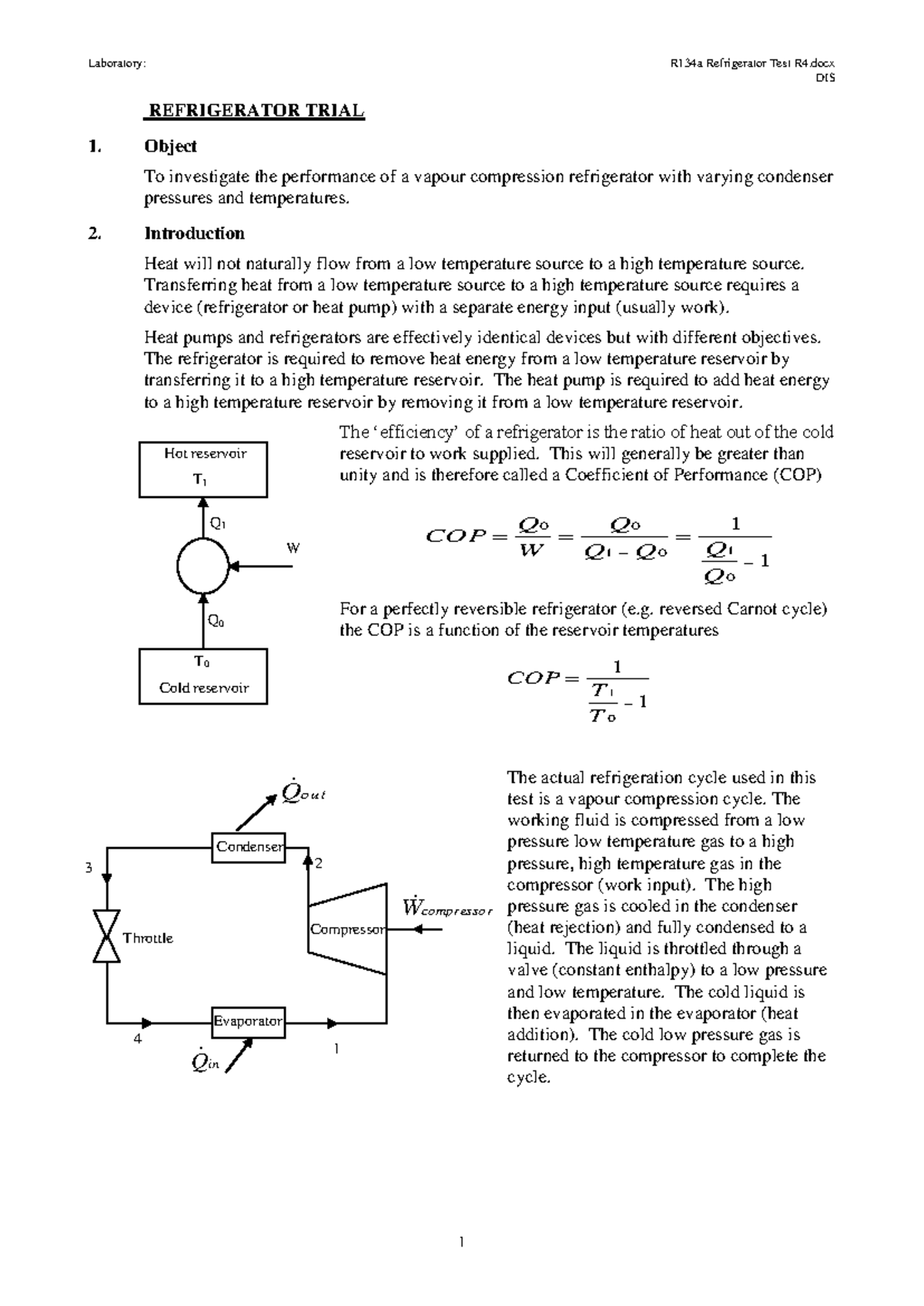 R134a Refrigerator Test R4 - DIS REFRIGERATOR TRIAL 1. Object To ...