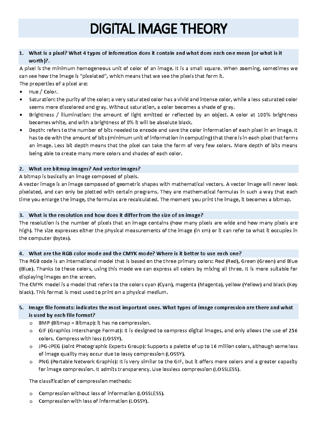 Digital image theory answers - DIGITAL IMAGE THEORY What is a pixel ...