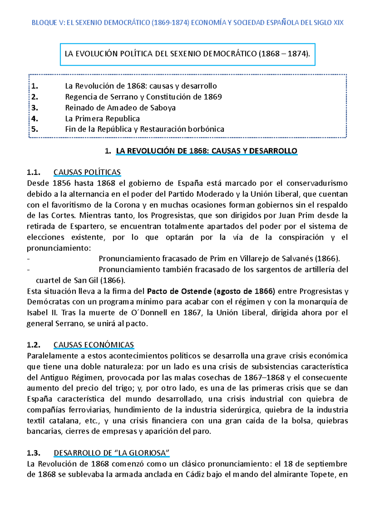 Bloque V - EL Sexenio Democrático (1868-1874) Economía Y Sociedad Española Siglo XIX - BLOQUE V ...