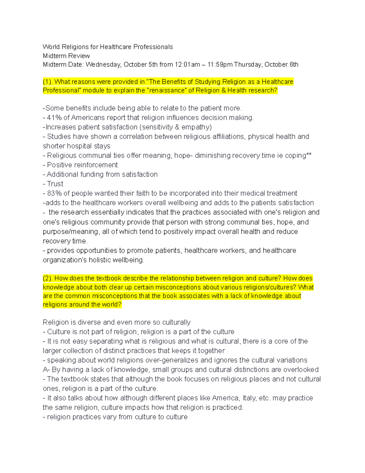 World Religions for Healthcare Prof. Midterm Study Guide - World ...