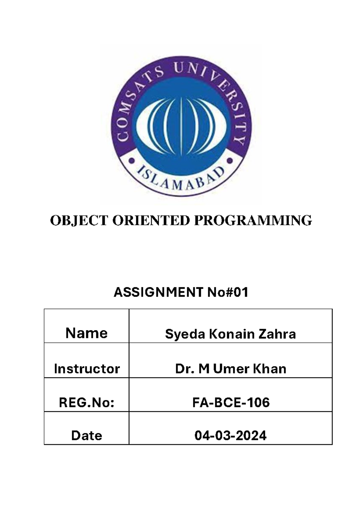 Assignment No 1 Object Oriented Programming Assignment No Name Syeda