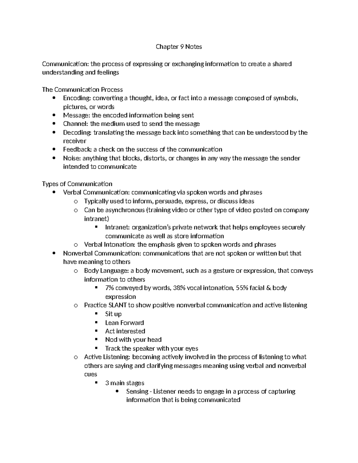 Chapter 9 Notes - Chapter 9 Notes Communication: the process of ...