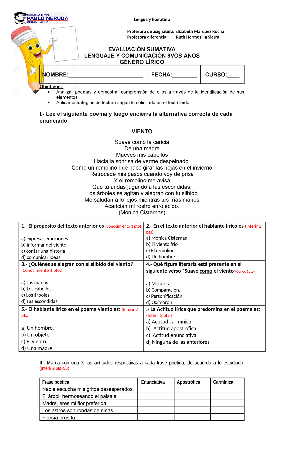 Prueba G.lírico 8° Lenguaje - Lengua y literatura Profesora de asignatura: Elizabeth Márquez ...