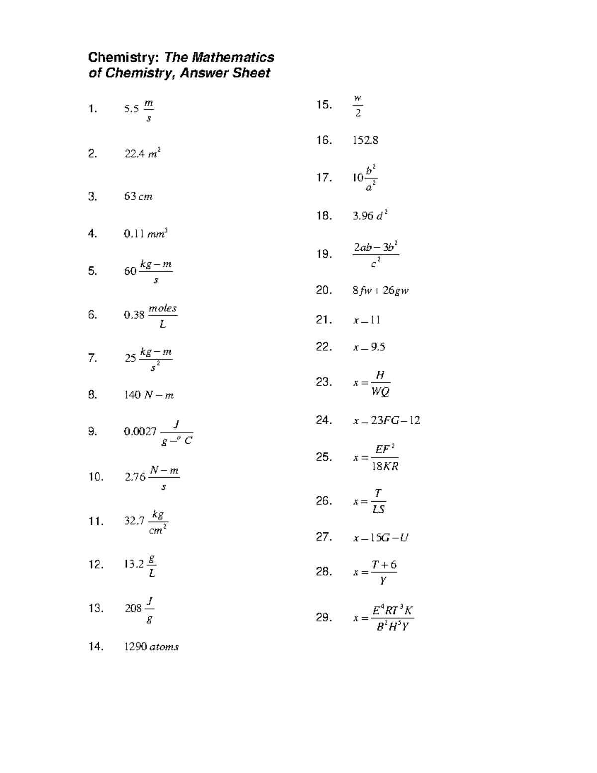 Math of Chem - Worksheet of chemistry mathematics - Chemistry: The ...