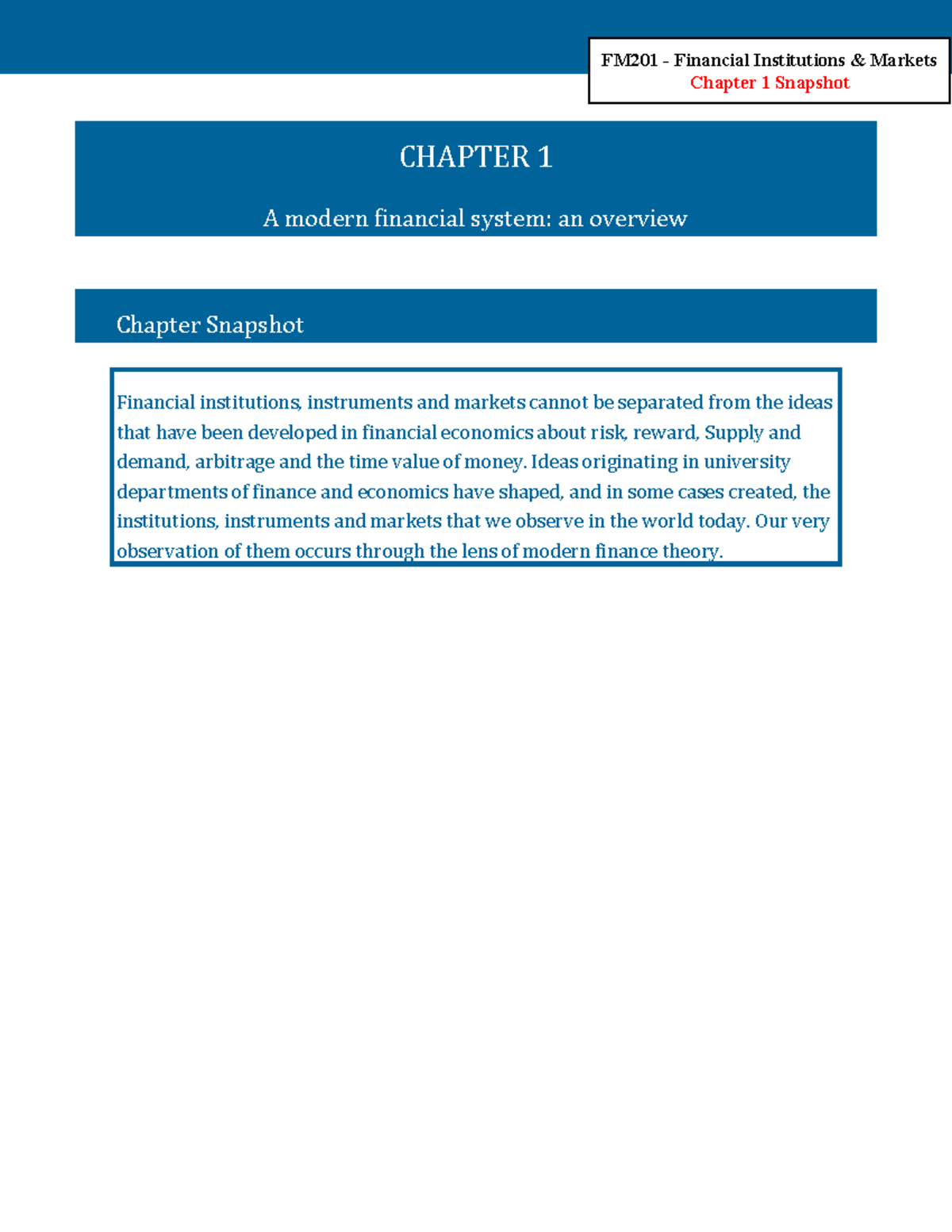 Ch01 Snapshot - chapter summary - CHAPTER 1 A modern financial system ...