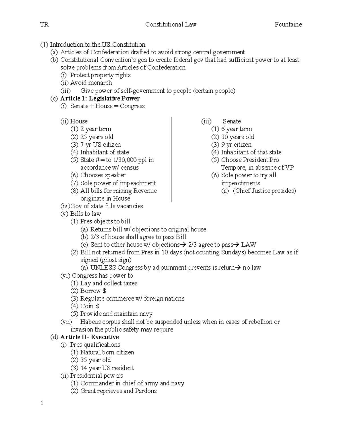 Constitutional Law Outline - (1) Introduction to the US Constitution (a ...