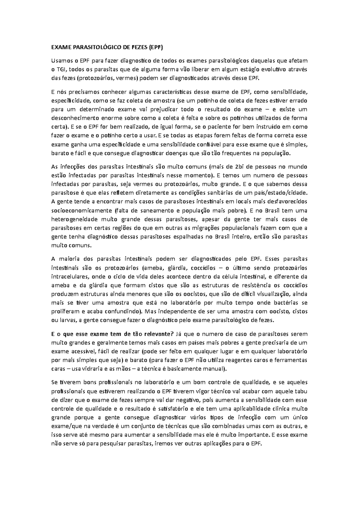 Exame Parasitológico DE Fezes - EXAME PARASITOLÓGICO DE FEZES (EPF ...