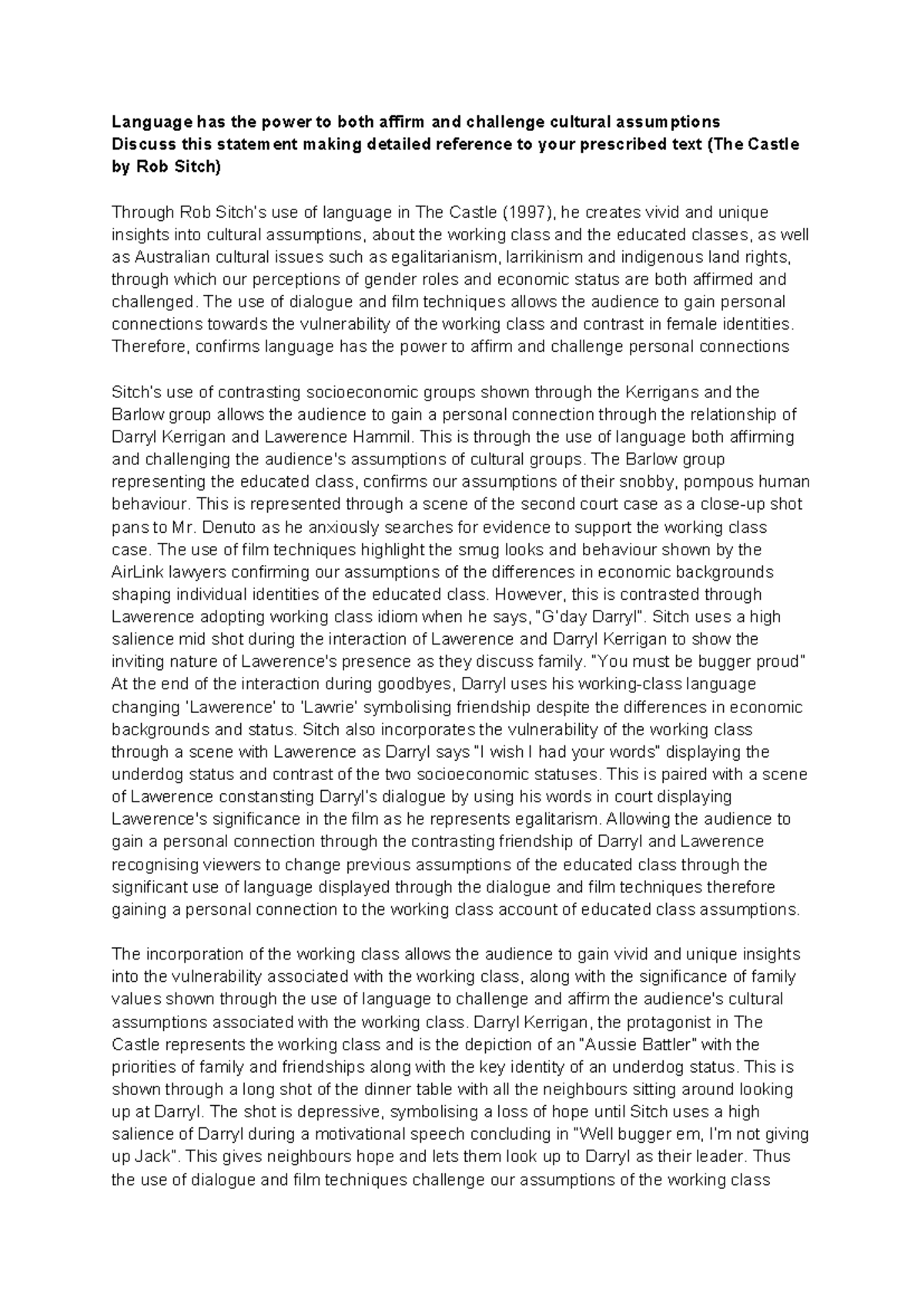 The Castle Essay - Language has the power to both affirm and challenge ...