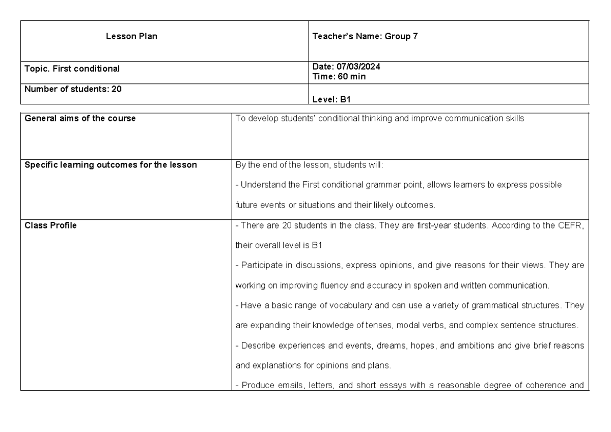 kỹ thuật giãng dạy - Lesson Plan Teacher’s Name: Group 7 Topic. First ...