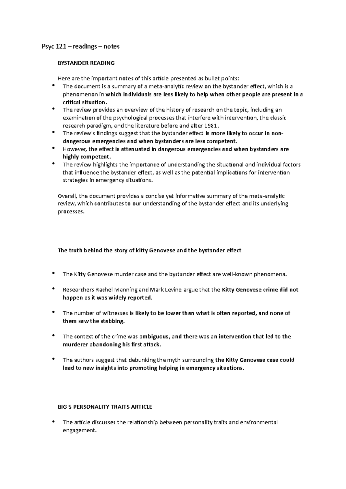 Psyc 121 - readings - notes - Psyc 121 – readings – notes BYSTANDER ...