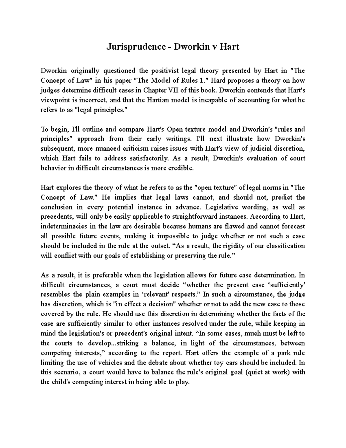 Jurisprudence - Dworkin v Hart - Jurisprudence - Dworkin v Hart Dworkin ...