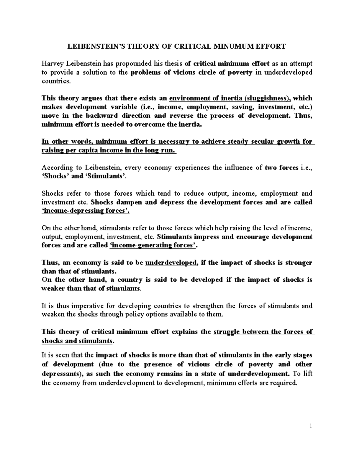 (Ma'ams notes) Leibenstein’S Theory OF Critical Minumum Effort - 1 ...