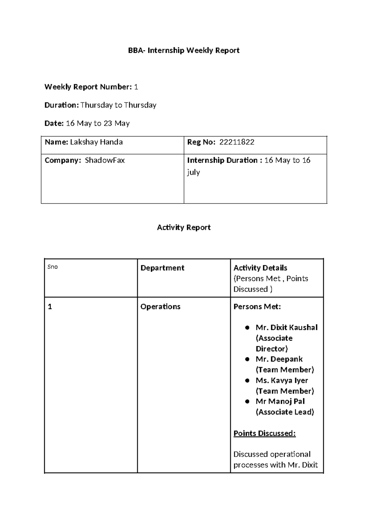 SIP Weekly Report - 1 - BBA- Internship Weekly Report Weekly Report Number: 1 Duration: Thursday ...