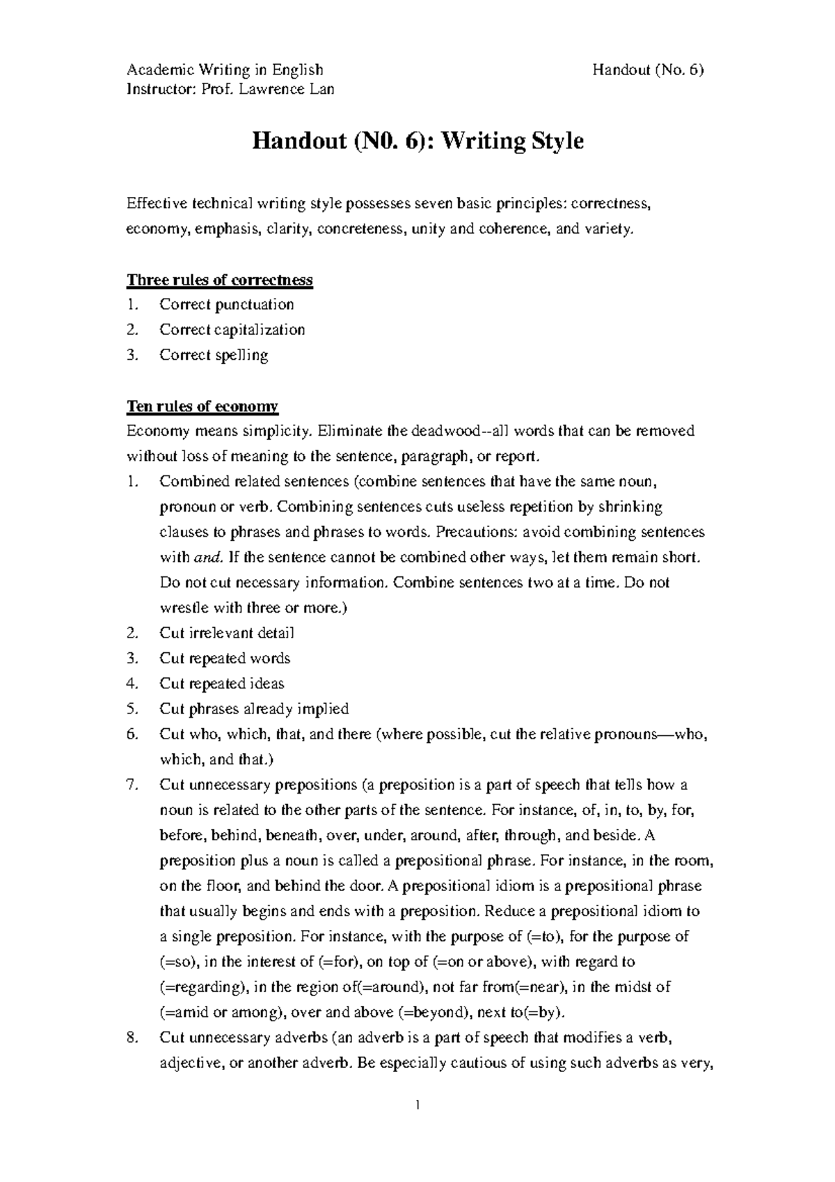 Effective Writing Style - Instructor: Prof. Lawrence Lan Handout (N0. 6 ...