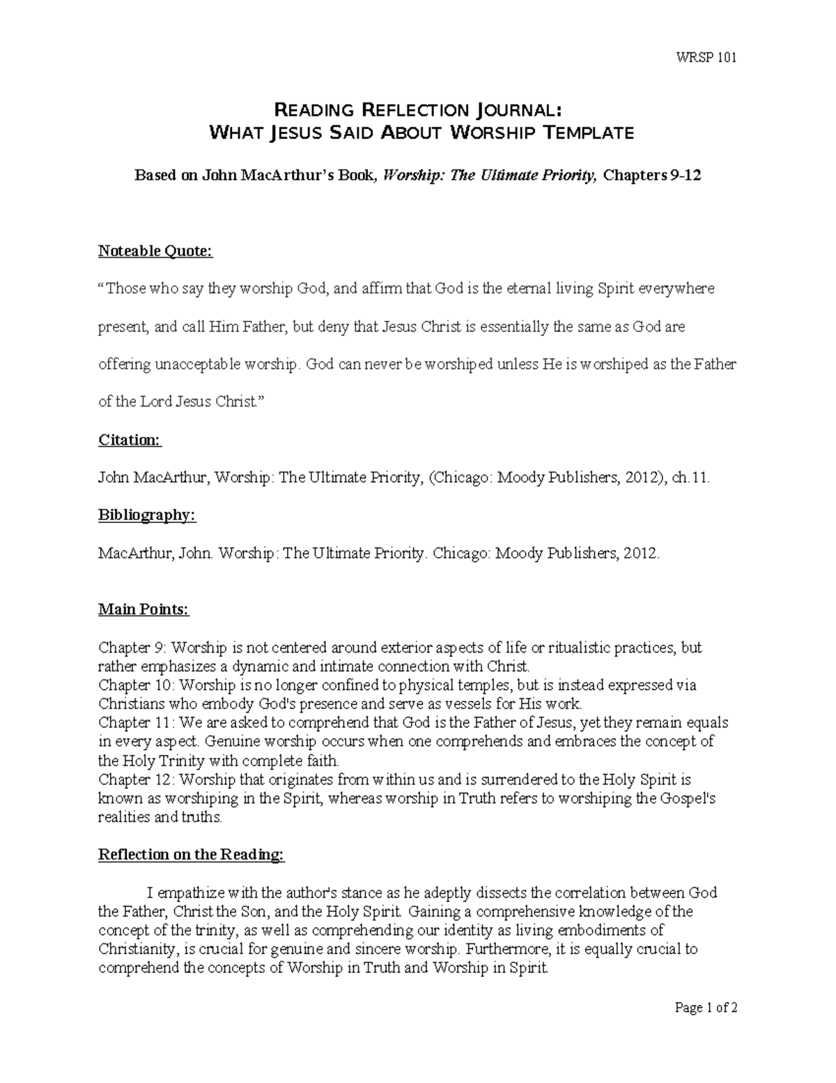 Reading Reflection Journal What Jesus Said About Worship Template ...