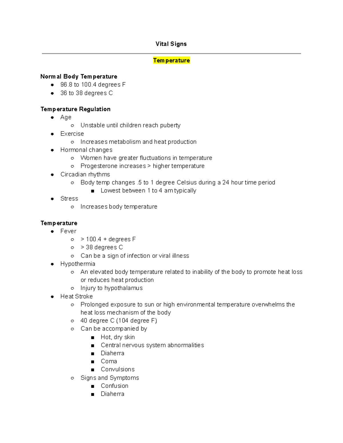 Vital Signs Notes Nurs 204 - Vital Signs Temperature Normal Body ...