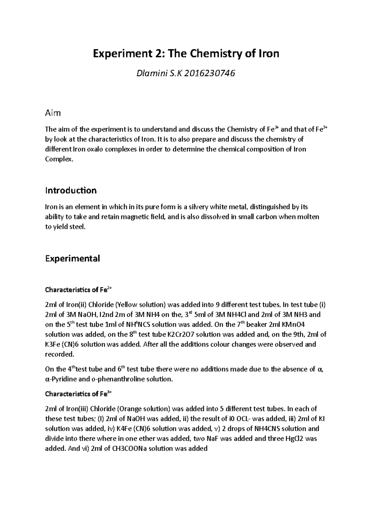 Experiment 2 - Chemistry of Iron - Experiment 2: The Chemistry of Iron ...