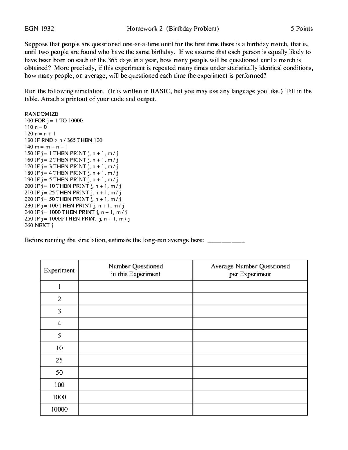 Homework assignment 2 - EGN 1932 Homework 2 (Birthday Problem) 5 Points ...