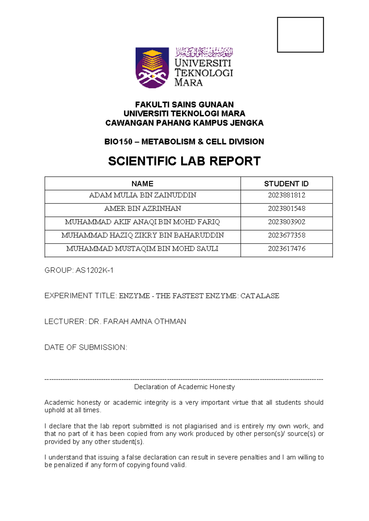 Lab bio 1 group 1 - contoh - FAKULTI SAINS GUNAAN UNIVERSITI TEKNOLOGI ...